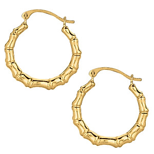 10k Yellow Gold Shiny Bamboo Round Hoop Earrings, Diameter 18mm