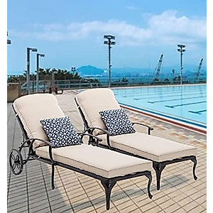 Luccalily Chaise Lounge Patio Chair with Wheels, Adjustable Reclining Rust-Resistant Aluminum Cast Poolside Chaise Lounge Furniture Set of 2, Waterproof Beige Cushion