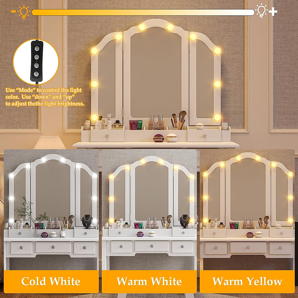 YIXHQ Makeup Vanity with Lights Vanity Desk with Mirror and Lights Makeup Vanity with Drawers Vanity Table with Lights Vanity with Lighted Mirror and Chair