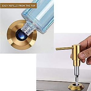KMEINO Gold Soap Dispenser, Built in Undermount Soap Dispenser Brass Commercial, Brushed Gold Metal Pump Head Liquid Lotion Kitchen Countertop Soap Dispenser with 500ml PP Bottle