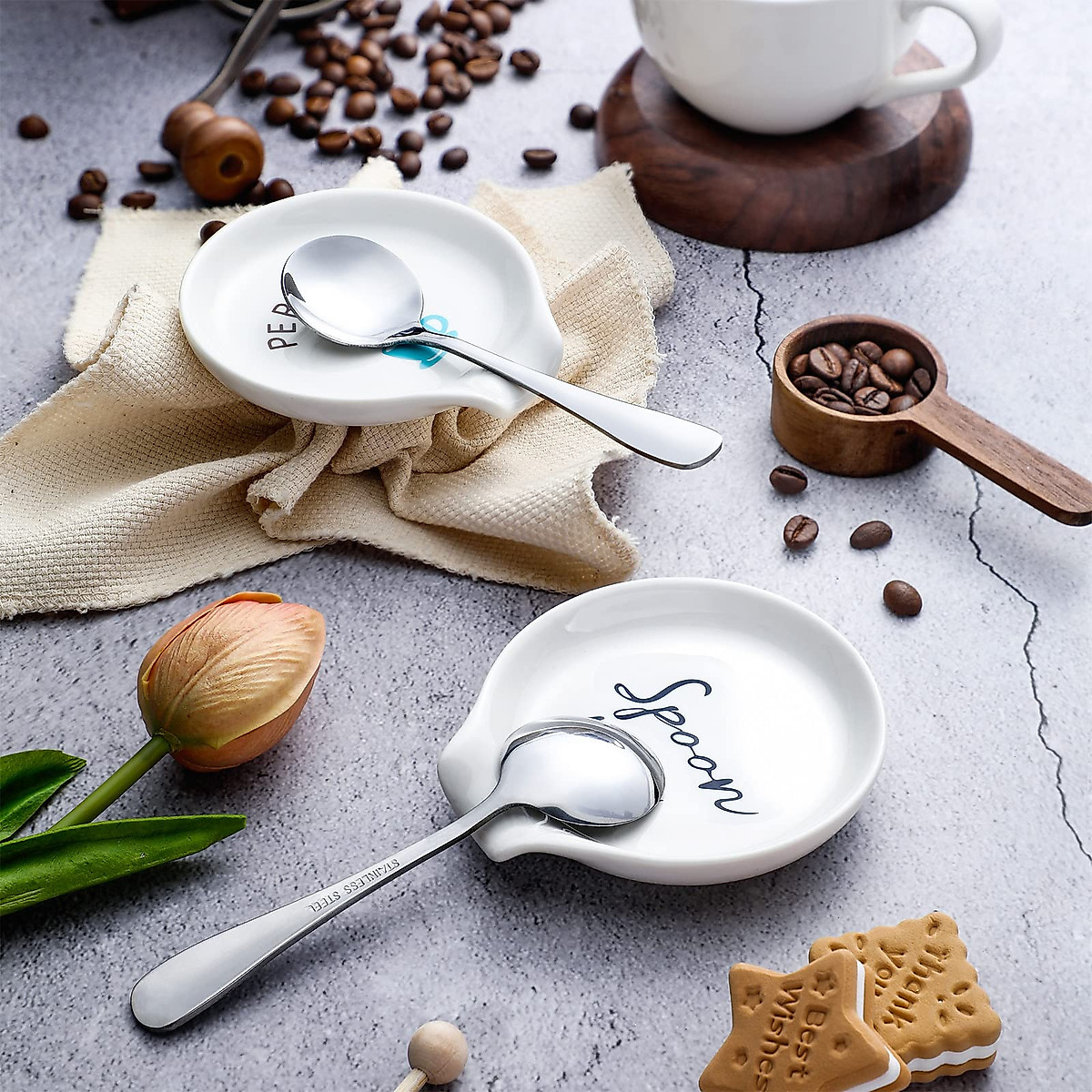 4 Pieces Coffee Spoon Rest and Spoon Small Teaspoon Holder Ceramic Coffee Spoon Holder Rests for Coffee Station Decor Stove Top Countertop Kitchen Accessories Nice Present for Coffee Lovers