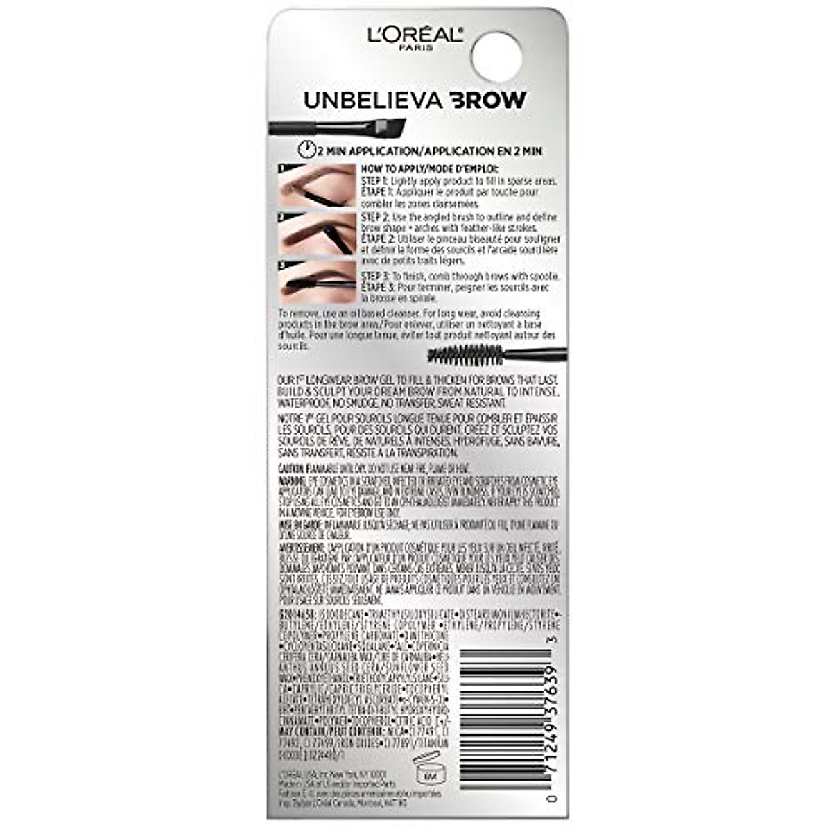L'Oreal Paris Unbelieva-Brow Longwear Waterproof Tinted Brow Gel, Smudge-resistant, Transfer- Proof, Quick Drying, Easy and quick application with precise brush, Light Brunette, 0.15 fl. oz.