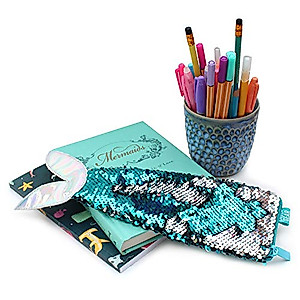 Pen+Gear Mermaid Tail Pencil Pouch with Reversible Sequins in Silver and Turquoise with Zip Compartment