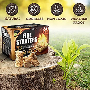 Fire Starter - Natural Pine Fire Starters for Fireplace, Campfires, Grill, Wood & Pellet Stove, Chimney, Fire Pit, BBQ, Smoker - 60 Pack w/10 Min Burning Time - All Weather & Odorless Firestarter