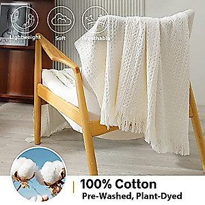 Simple&Opulence 100% Cotton Throw Blanket for Couch, Bed, Waffle Weave Cable Knit Blanket with Tassels, Soft Lightweight Pre-Washed Breathable Cozy Blanket Farmhouse Decoration for All-Season (White)