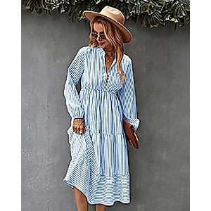 YOXUA Women's Striped Shirt Dresses Stand V Neck Midi Dress Pleated Ruffle Casual Long Sleeve Dress