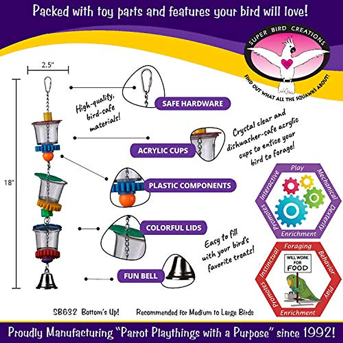 Super Bird Creations SB632 Foraging Bottom’s Up Bird Toy with Clear Acrylic Cups, Medium /Large Bird Size, 18” x 2.5”