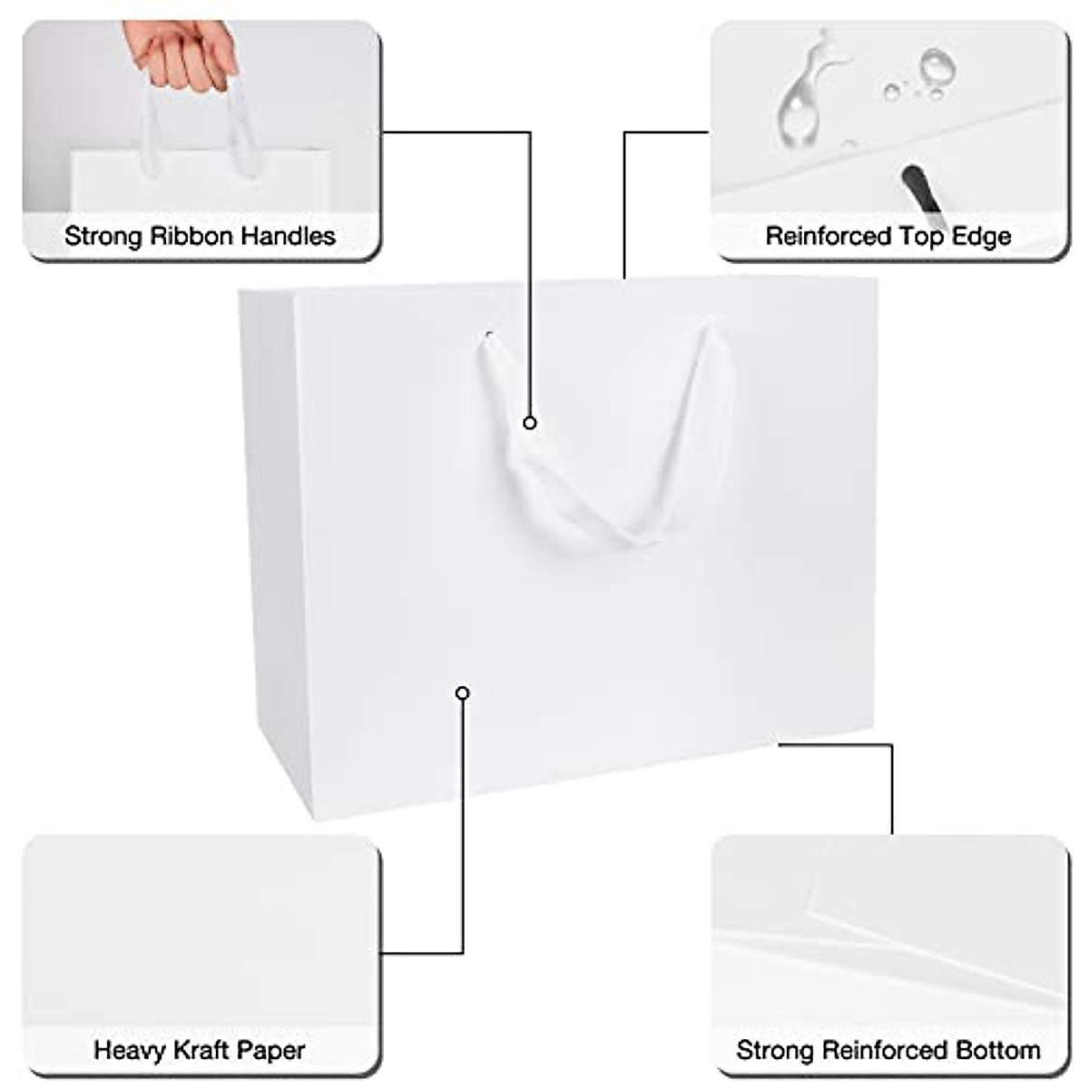 Aimyoo White Paper Bags with Handles 10 Pack, Large Gift Bags for Retail Merchandise Shopping Small Business Party, 13x10x5 inch