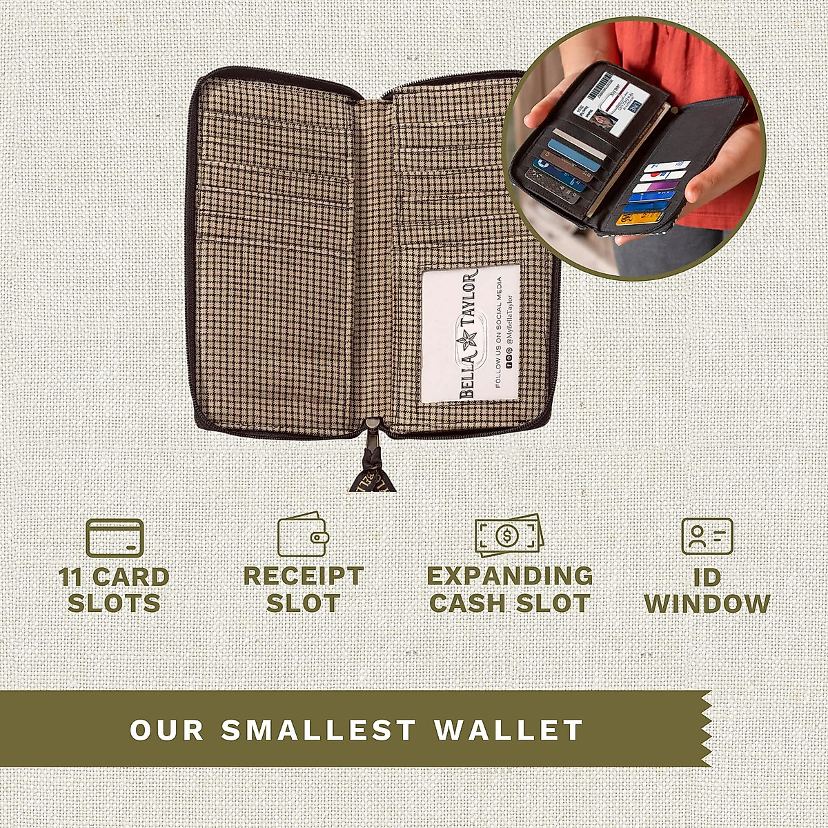 Bella Taylor Slim Card Wallet for Women | Multi Card Zip Around Wallet with RFID Protection | Quilted Cotton Farmhouse Star Black and Tan Cotton Check