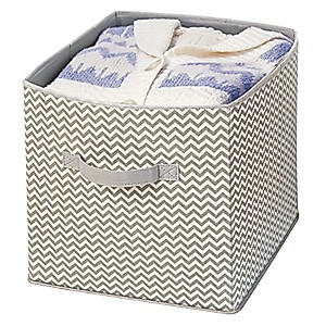 mDesign Large Soft Fabric Closet, Home Storage Organizer Cube Bin Box, Front Handle - Storage for Closet, Bedroom, Furniture Shelving Units - Chevron Zig-Zag Print, 12.75" High, 4 Pack - Taupe/Natural