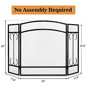 Gtongoko 3 Panel Fireplace Screen 48" W x 29" H Modern Wrought Iron Decorative Large Fire Spark Guard Grate Heavy Duty for Living Room Home Outdoor Decor - Black