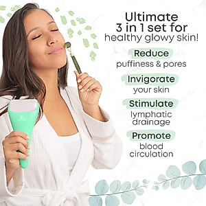PUR Botanicals - Ice Jade Roller for Face & Eye Puffiness Relief - Therapeutic frozen Facial Massager for Beauty - Homemade Cold depuff Face Roller for Women - Reduce wrinkles and lifting - 3 in 1 Set