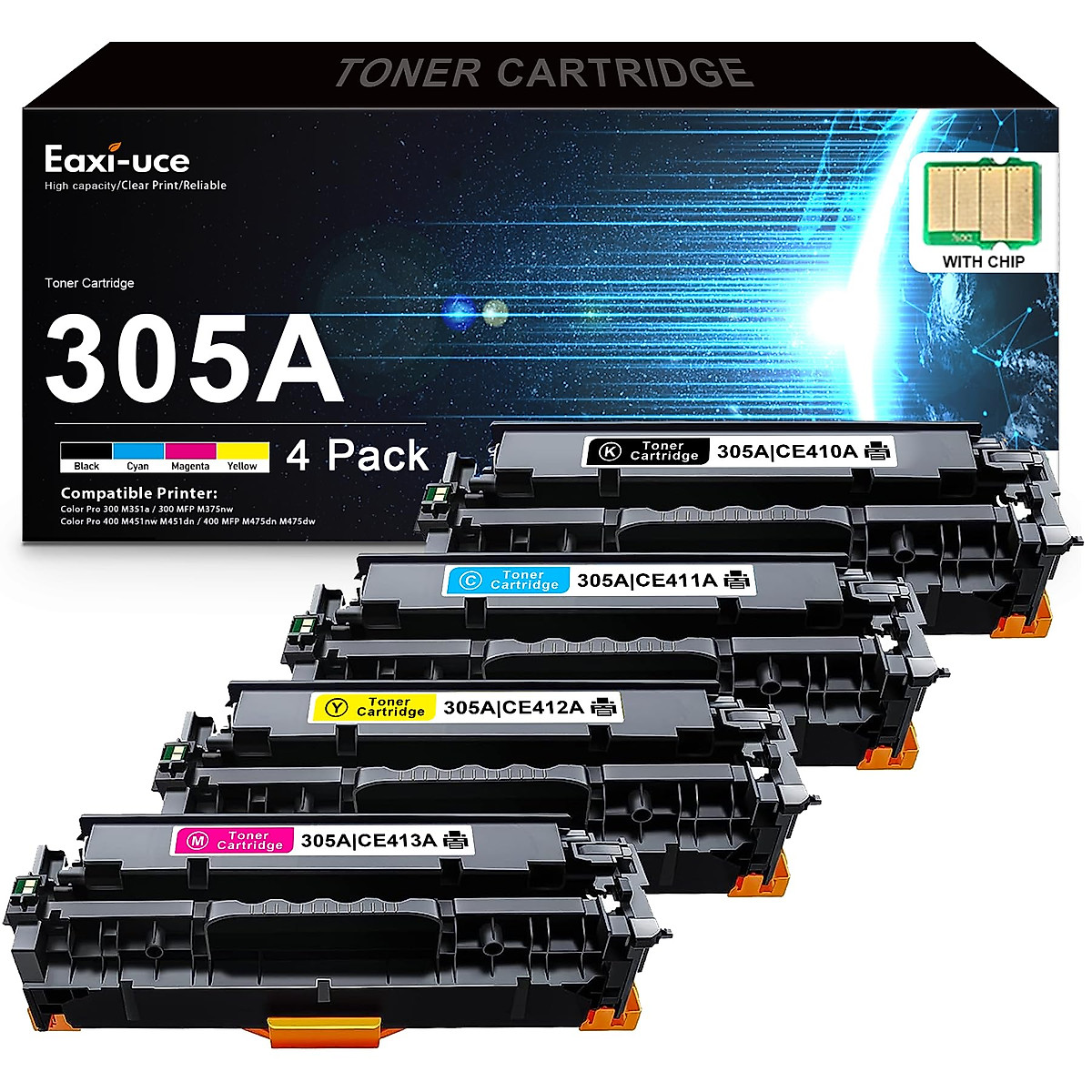305A Toner Cartridge Replacement for HP 305A 305X with Built-in Chip to use with Pro 400 M451dn M451nw M475dn M475dw M451dw M375nw Pro 300 M351A Printer (4 Pack, BK/C/M/Y)