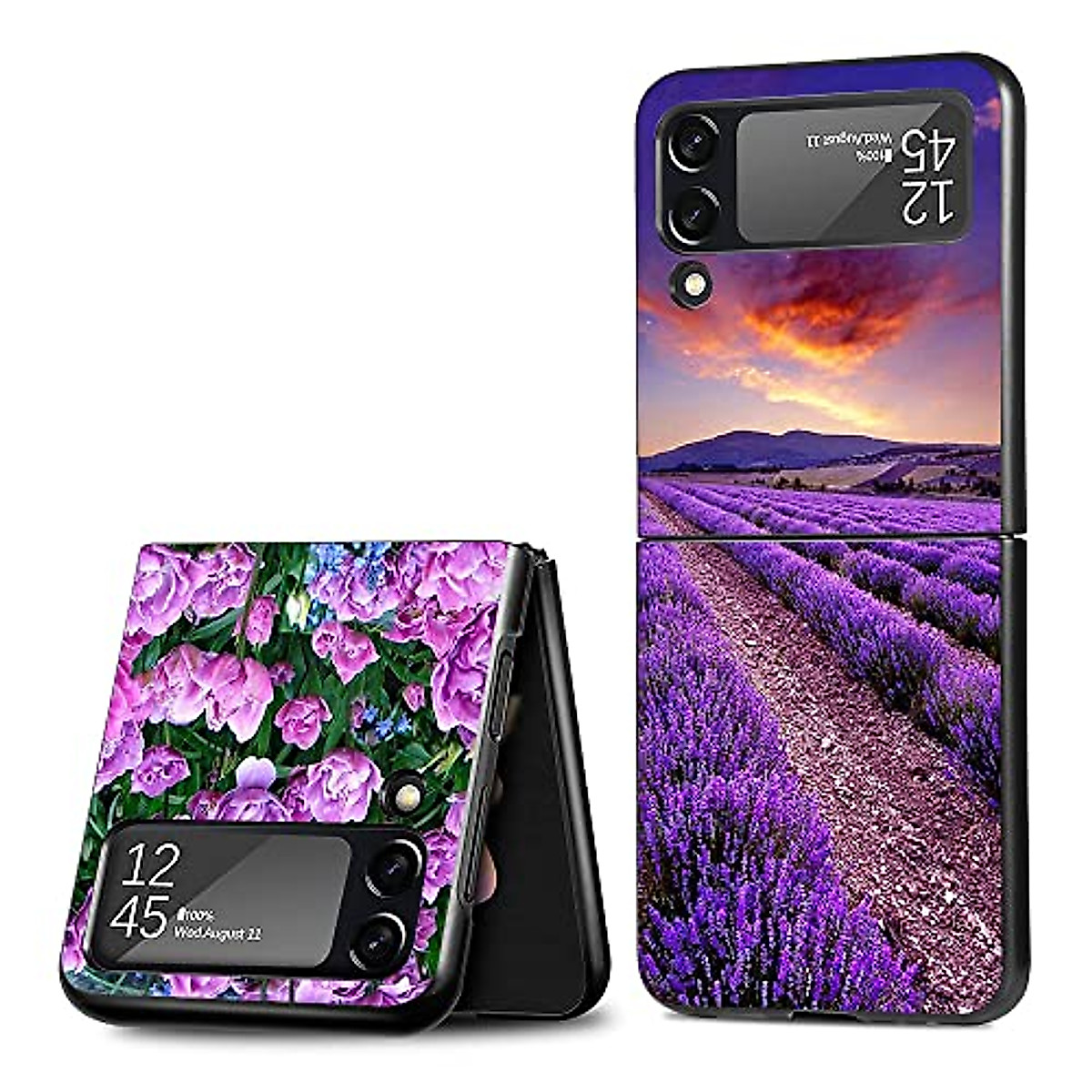 Phone Case for Samsung Galaxy Z Flip 3 Z Flip 4 5G Black Hard PC Cover Purple Lavender Flowers,Z5,for Z Flip 3 5G