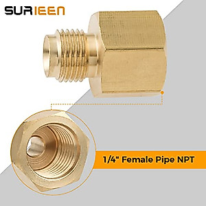 SURIEEN RV Propane Hose Adapter 1/4" Female Pipe NPT x 1/4" Inverted Male Flare（7/16-24UNF）, Brass Convert Adapter Fittings for Propane Lines (Pack of 2)