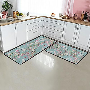 Red Heads Crane Kitchen Mat 2 PCS Waterproof Non-Slip Ergonomic Comfort Mat Anti Fatigue Kitchen Rug for Kitchen Floor Home Office Sink 47"X17"+29"X17" Inch
