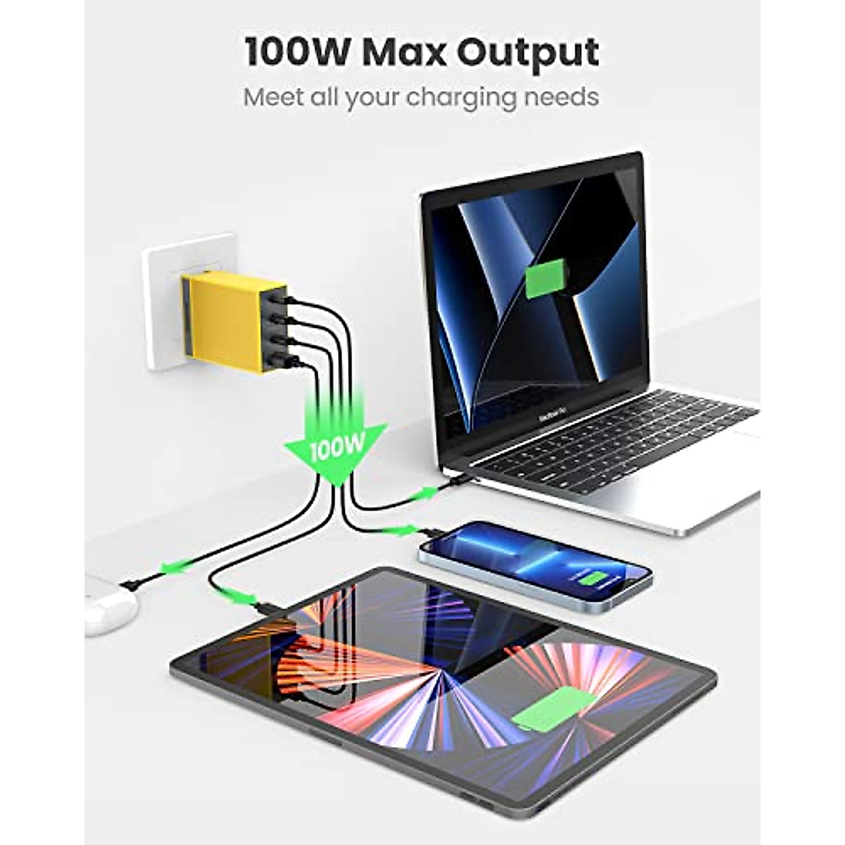 Shargeek USB C Charger, GaN Charger 100W, Wall Charger Multiport Quick Charging Station for iPhone 14/Pro, PPS PD 3.0 MacBook Pro/Air, Dell XPS, Pixel, iPad Pro, and More (Yellow)