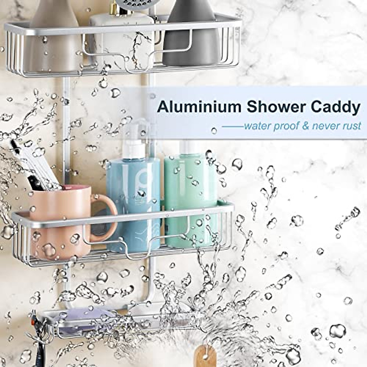 smusei Shower Caddy Over Shower Head Aluminum Shower Organizer Hanging Bathroom Shower Shelves for Inside Shower 3 Tier Shower Racks with Hooks and Shampoo Soap Razor Holder - Silver