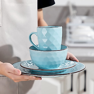 vancasso Gem Embossed Dinnerware Set for 8, Blue and Grey Dinner Service with Brown Rim, 32-Piece Dinner Set with 10.6in Dinner Plate, 7.8in Dessert Plate, 6in Cereal Bowl and 350ml Mug