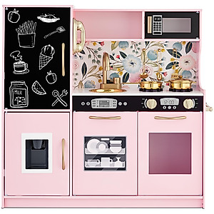 Best Choice Products Pretend Play Kitchen Wooden Toy Set for Kids w/Realistic Design, Telephone, Utensils, Oven, Microwave, Sink - Pink Floral