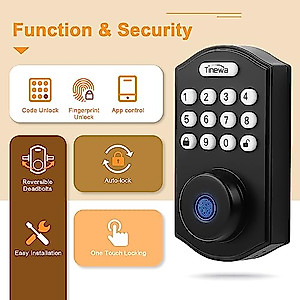 Tinewa Fingerprint Door Lock, Keyless Entry Door Lock, Electronic Keypad Deadbolt, Auto Lock, Anti-Peeking Password, Front Door Handleset for Homes, Apartments, Easy to Install