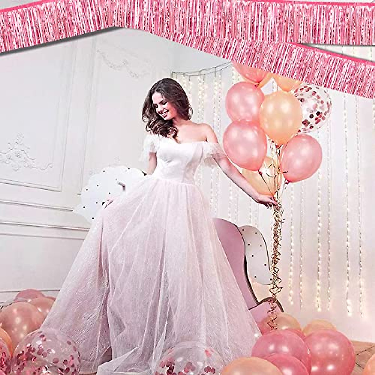 10 Pack 10 Feet Foil Fringe Garland Metallic Tassle Banner Wall Hanging Tinsel Streamers Backdrop for Parade Floats, Bachelorette, Wedding, Birthday, Halloween, Christmas Party Decorations(Pink)