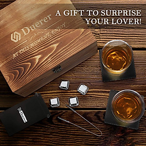 Duerer Whiskey Stones Set, 2 Whiskey Glasses, 8 Reusable Stainless Steel Ice Cubes in Wooden Box, Great Gift for Father's Day, Dad's Birthday or Anytime for Dad, Plus 2 Free Coasters