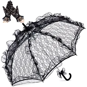 Amylove Lace Parasol Umbrella and Lace Gloves Set Wedding Bridal Umbrella for Decoration Tea Party Costume 31.5 Inch Adult Size(Black)