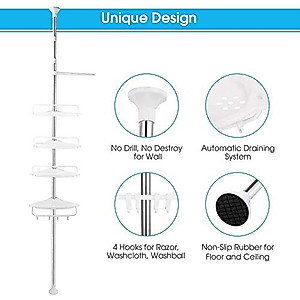 Bathroom Shower Storage Constant Tension Pole Shower Caddy Tension Pole Storage Shelves, Stainless Steel Rod, Adjustable Bathroom Shower Caddy for Shampoo Soap Tower, White