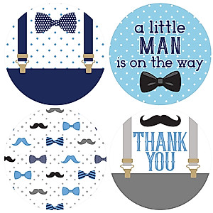Little Man Baby Shower Thank You Stickers - Mustache, Suspenders, It's a Boy, 1.75 in - 40 Labels