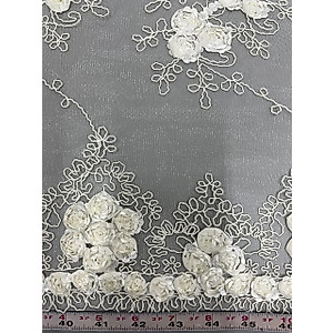 Andrea Ivory 3D Floral Matte Corded Embroidery on Mesh Lace Fabric by The Yard - 10016