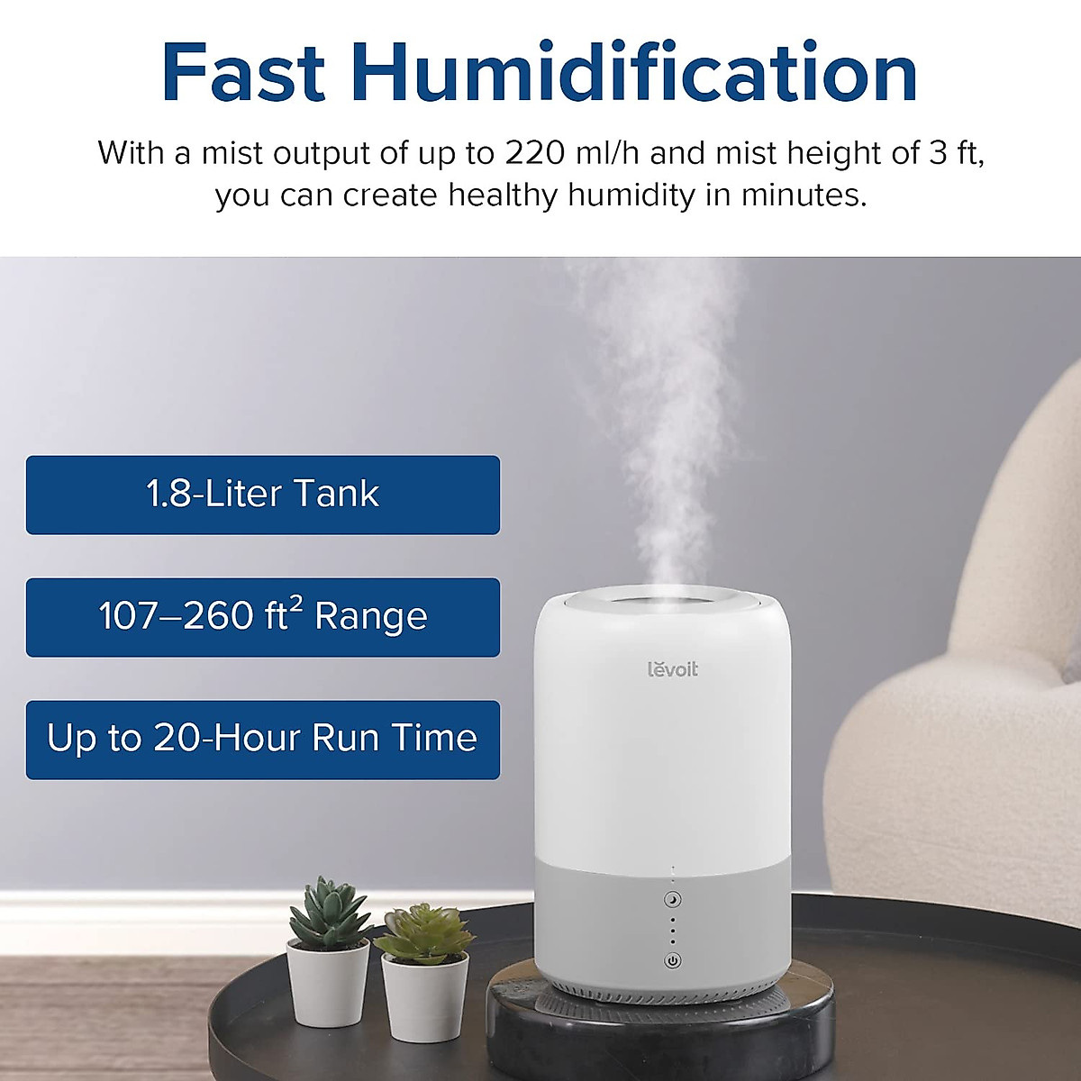 LEVOIT Humidifiers for Bedroom, Cool Mist Air Vaporizer for Babies, Ultrasonic Top Fill Essential Oil Diffuser, Smart Sleep Mode, Auto Shut Off, Quiet, 1.8L, Gray
