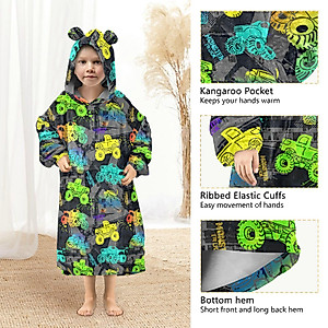 JHKKU Monster Truck Car Wearable Blankets for Kids, Oversized Flannel Blanket Hoodie for Kids, Warm Blanket Hoodie for Boys Girls with Pockets