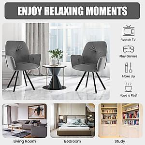 Giantex Upholstered Swivel Velvet Accent Chair Set of 2, Desk Chair No Wheels, Max Load 300 Lbs, Velvet Tufted Swivel Armchair with Metal Legs for Living Room Small Space Home Office Study (Gray)