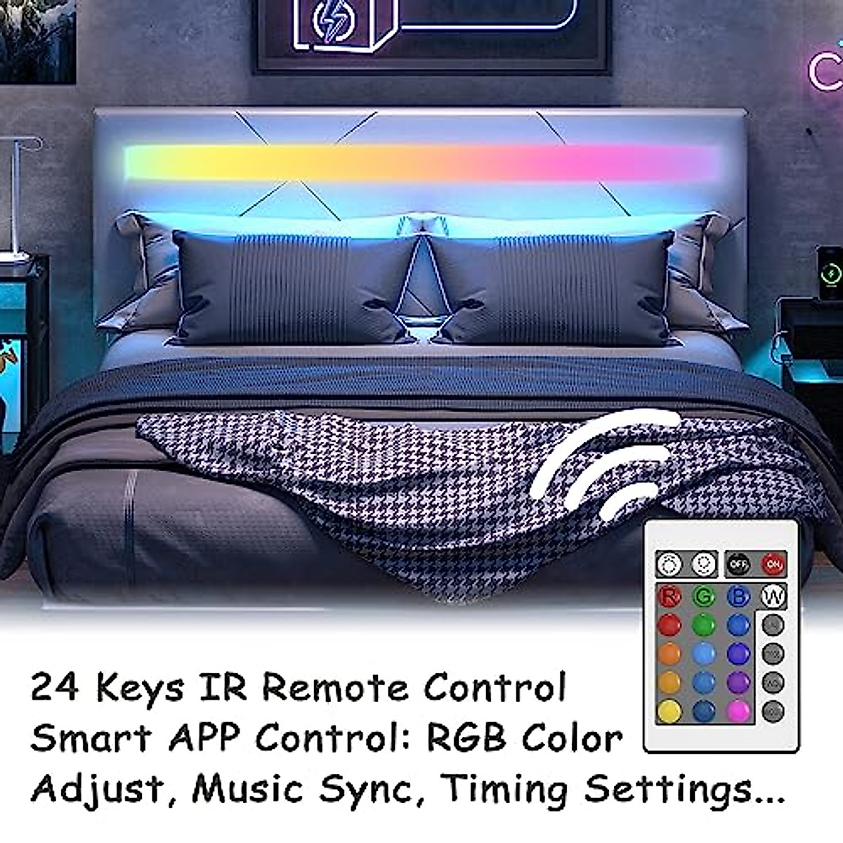 LIKIMIO Full Bed Frame with LED Lights, Modern PU Leather Upholstered Platform Bed with Headboard, No Box Spring Needed/Noise-Free/Easy Assembly, White