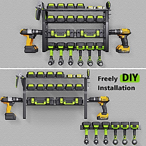 Kayfia Power Tool Organizer-10 Drill Holders Wall Mount Removable Design Cordless Drill 4 Layer Heavy Duty Tool Organizers Storage Garage Utility Racks with Screwdriver/Plier Holder