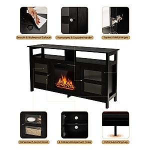 Tangkula Fireplace TV Stand, Farmhouse Media Console Table w/18 1500W Electric Fireplace for Flat Screen TVs up to 65", Modern Fireplace Space Heater w/Adjustable Brightness & Remote Control (Black)