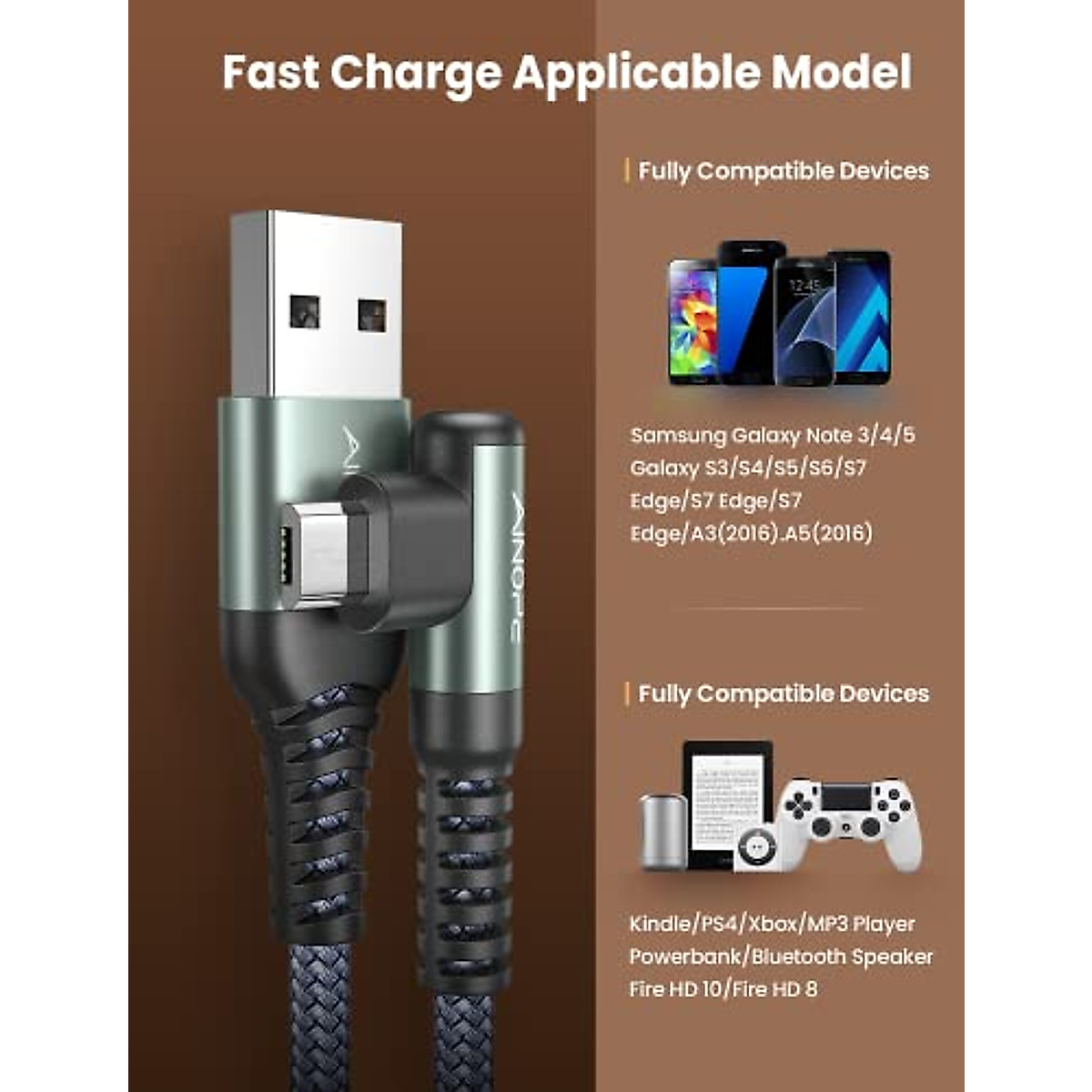 AINOPE [2 Pack] Micro USB Cable 6.6FT, Micro USB Charging Cable Right Angle, Durable Nylon Braided USB to Micro USB Cable Compatible with Samsung Galaxy S6,J7 Edge Note 5,fire Tablet,Kindle