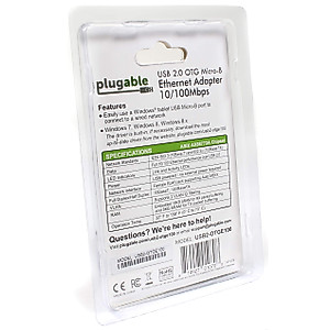 Plugable USB 2.0 OTG Micro-B to 100Mbps Fast Ethernet Adapter Compatible with Windows Tablets, Raspberry Pi Zero, and Some Android Devices (ASIX AX88772A chipset).