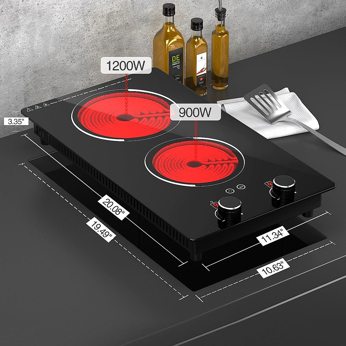110v Electric Cooktop 2 Burners, 12'' Electric Stove Top with Plug in, GTKZW Knob Control Countertop & Built-in Ceramic Cooktop, 9 Power Levels, Child Lock, Timer, Over-Heat Protection
