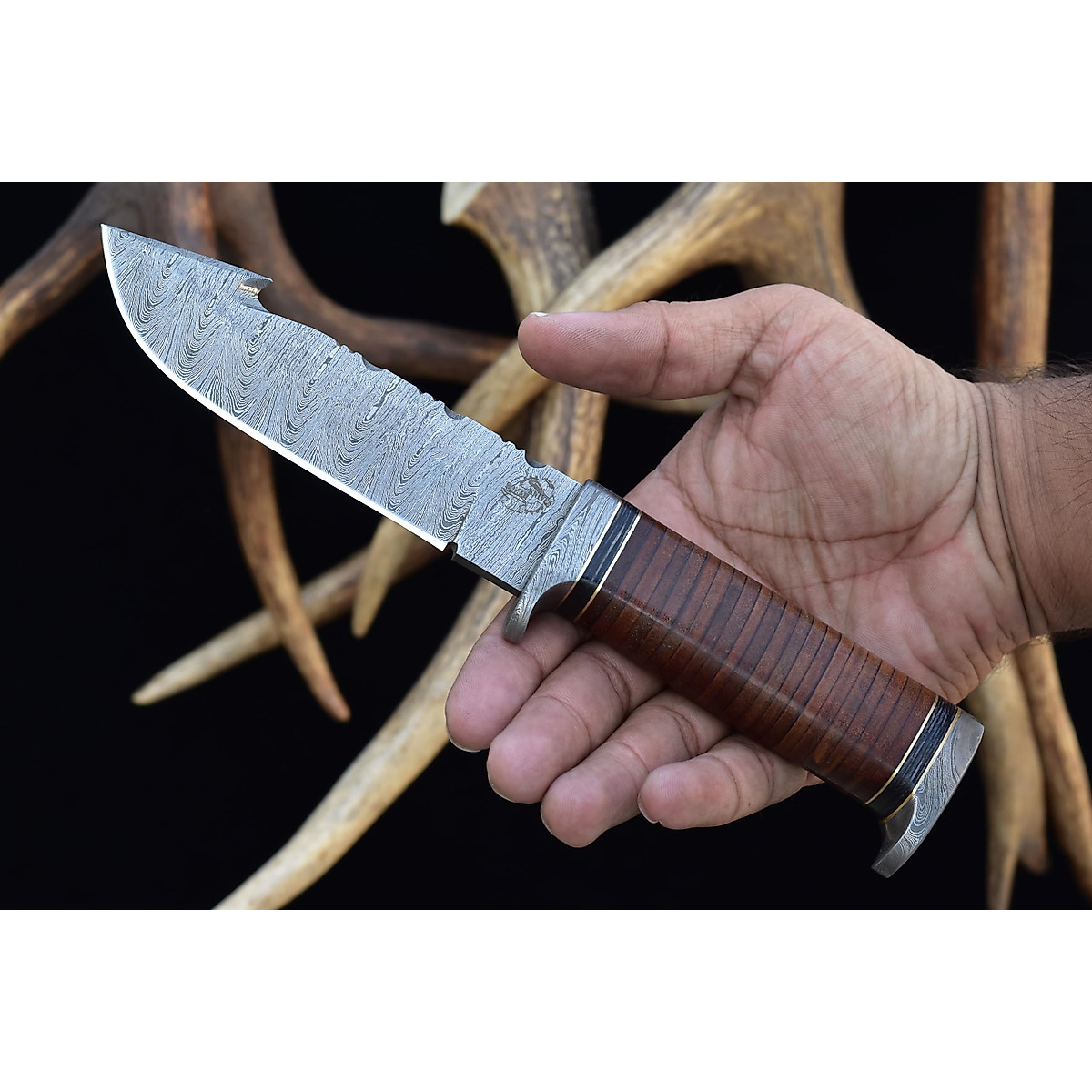 Knives Ranch Handmade Gut Hook Skinning Knife, Stack Leather Handle, Heavy-Duty Leather Sheath (Model 2173)