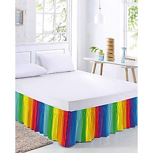 Rainbow Bed Skirt Queen Size 16 Inch Drop, Adjustable & Elastic Wrap Around Bed Skirts Pleated Luxury Dust Ruffles for Twin Full Queen Cal King Base Bed, Abtract Ombre Colorful Geometric Stripes