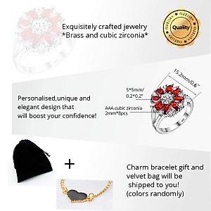 Uloveido Oval Red Stone Flower Rings Women Wedding Party Statement CZ Cocktails White Gold Plated Classic Fashion Ring (size 8) J676