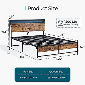 LINSY Full Bed Frame with Ergonomic Headboard, 14 inch Fast Assembly Metal Bed with Lights, Outlets & USB, Bed Frame Full Size with Storage, Noise Free, No Box Spring Needed, Rustic Brown