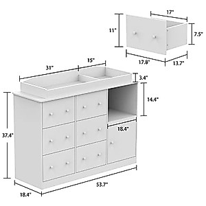 ECACAD Nursery Storage Dresser Chest with 6 Drawers & Guard Table Top, Modern Chest of Drawers with Door & 2 Cubes for Bedroom, Nursery, White (53.7”L x 18.4”W x 37.4”H)