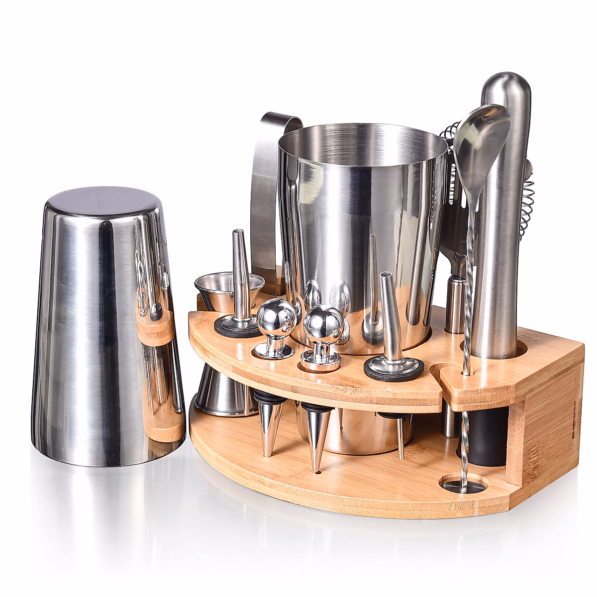 Esmula Bartender Kit with Stylish Bamboo Stand, 12 Piece 20oz/25oz Boston Cocktail Shaker Set for Mixed Drink, Professional Stainless Steel Bar Tool Set, Gift for Man Dad- Cocktail Recipes Booklet