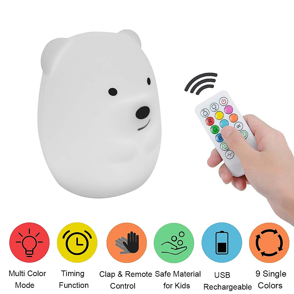 Yuede Kids Night Light for Bedroom, Silicone USB Rechargeable Night Lights, 9 Colors Change with Touch Sensor and Remote Control for Baby/Kids/Adult Gifts (Bear)