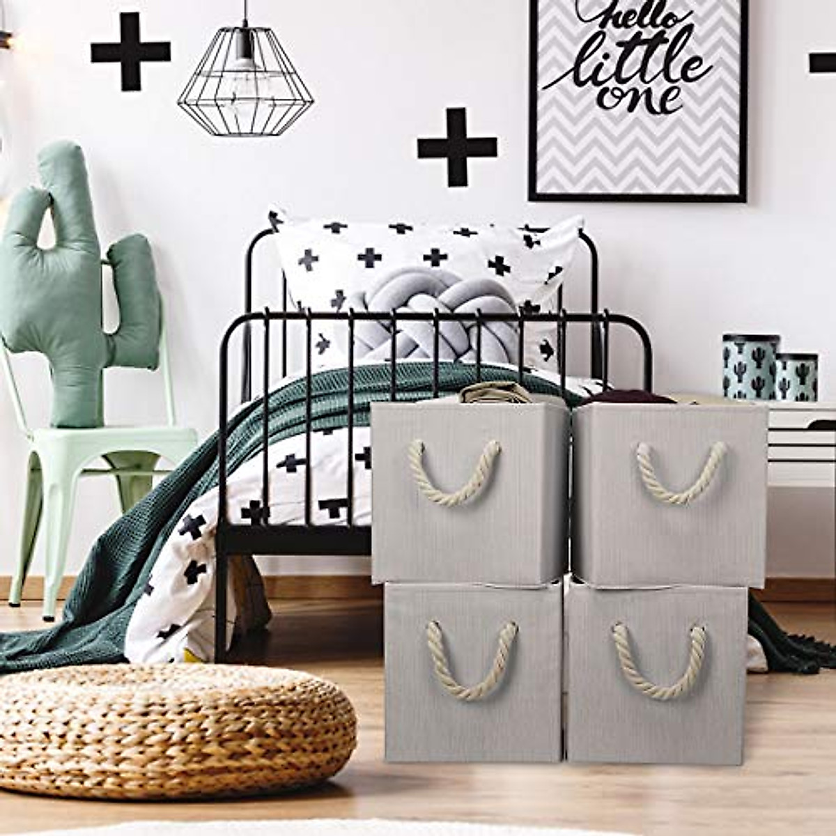 Robuy Set of 4 Beige Foldable Bamboo Fabric Cube Storage Bins with Cotton Rope Handle, Collapsible Resistant Basket Box Organizer for Shelves Size (10.5x10.5 x11 inch)