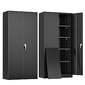 Greenvelly Metal Storage Cabinet, 72" x 32" x 16", Black Metal Cabinet with 2 Doors and 4 Adjustable Shelves, Locking Cabinet for Garage, Office, Home