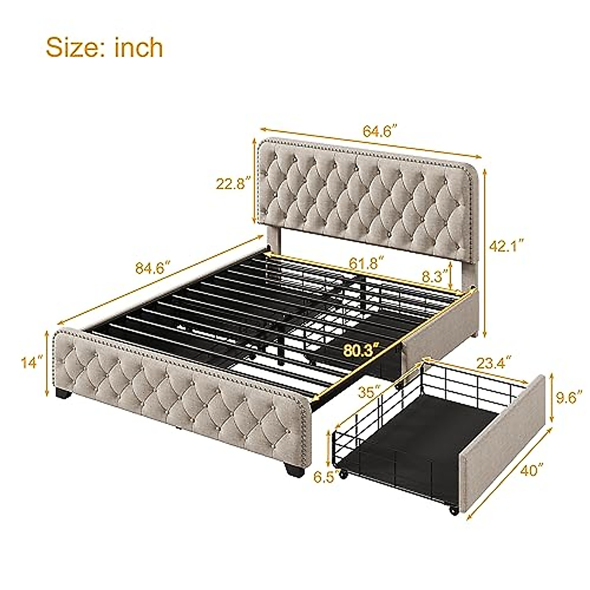 Livavege Queen Size Bed Frame with 4 Storage Drawers on Wheels & Button Tufted Headboard and Footboard, Modern Upholstered Platform Bed w/Steel Slats Support, Metal Queen Bedframe No Box Spring Needed